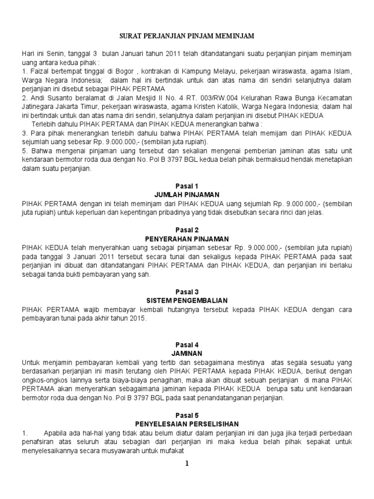 Surat Perjanjian Pinjam Meminjam | PDF | Hukum