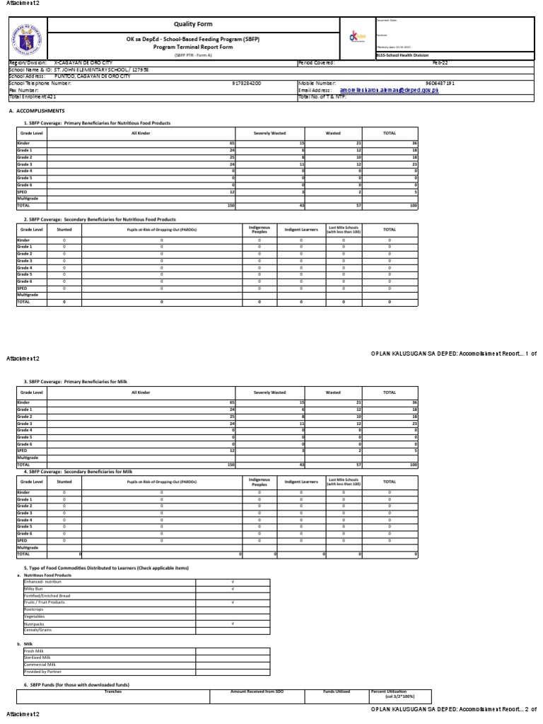 School-Based Feeding Program Terminal Report for St. John Elementary ...