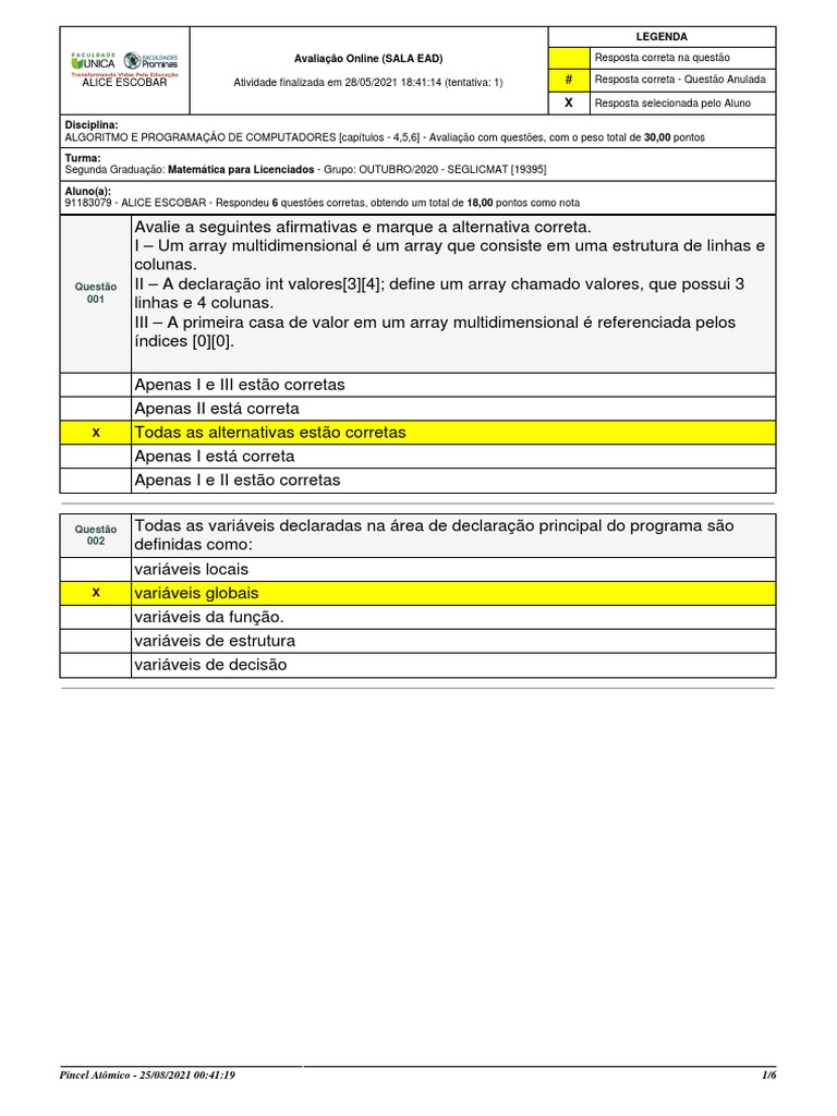 Prova Algoritmo | PDF | Estrutura de dados de matriz | Algoritmos
