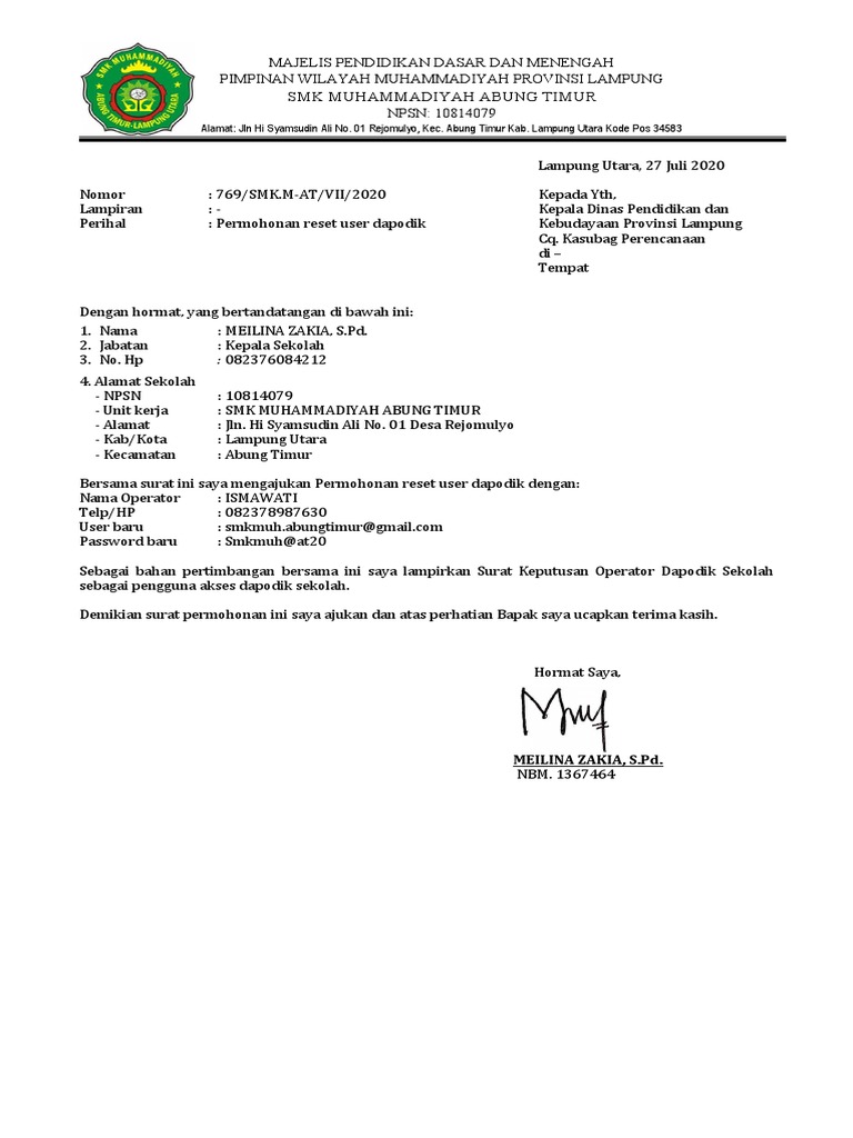 Surat Permohonan Reset Password | PDF