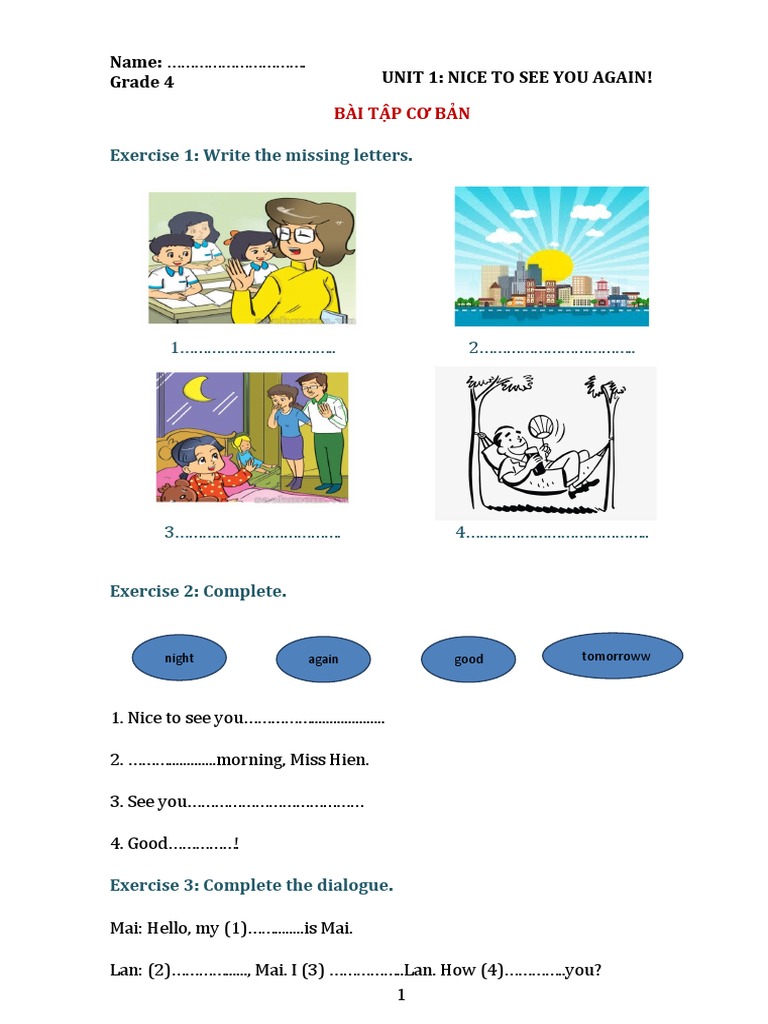 Exercise 1: Write The Missing Letters.: Name: . Grade 4 Unit 1: Nice To ...