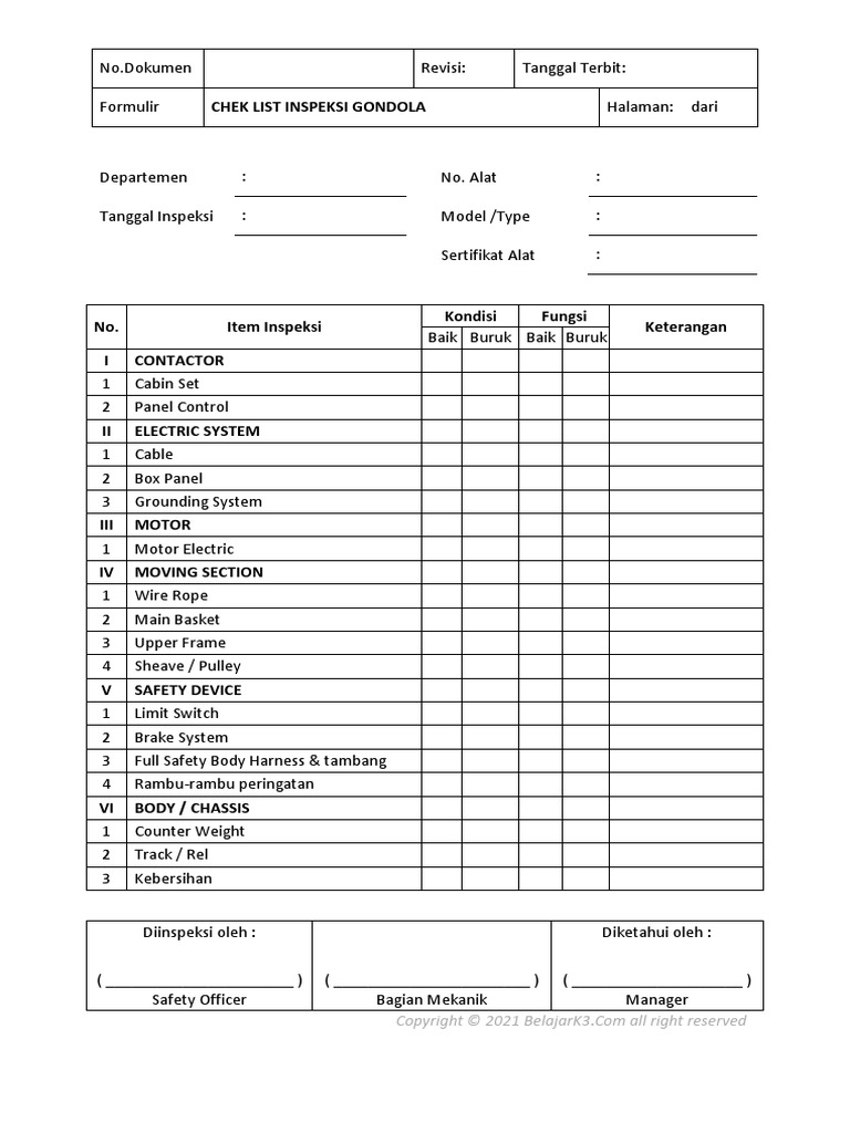 Form Check List Inspeksi Gondola | PDF | Teknologi & Rekayasa