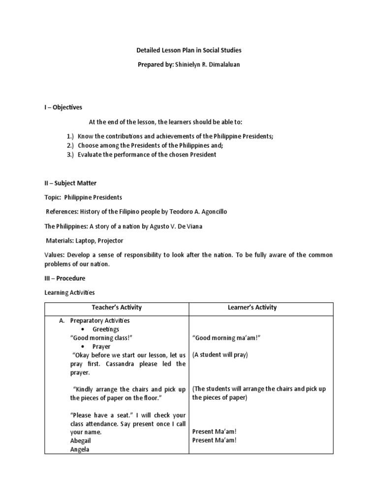 Lesson Plan on Philippine Presidents | PDF | President Of The ...