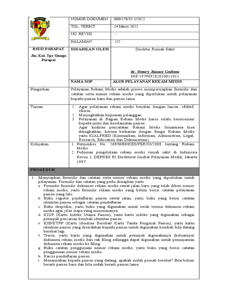 SOP Pelayanan Rekam Medis | PDF