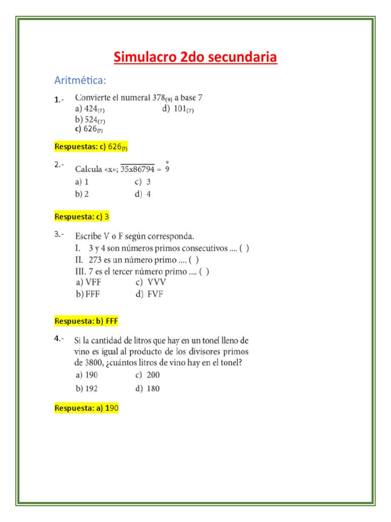 Simulacro 2do Secundaria | PDF