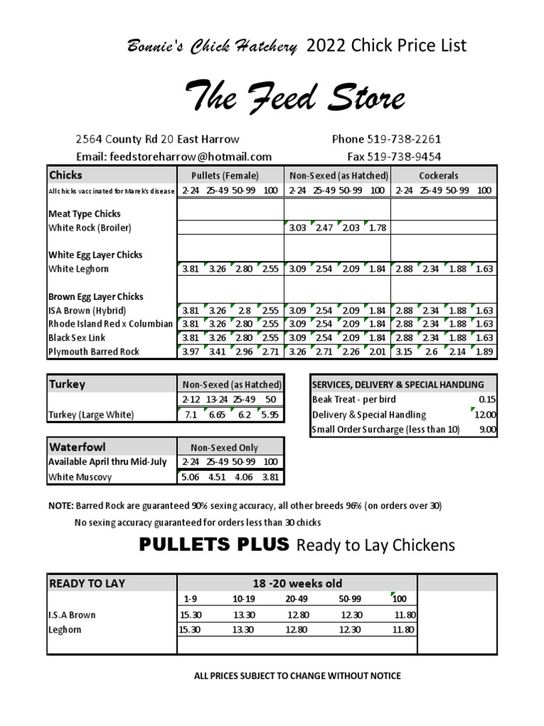 The Feed Store: Bonnie's Chick Hatchery 2022 Chick Price List | PDF ...