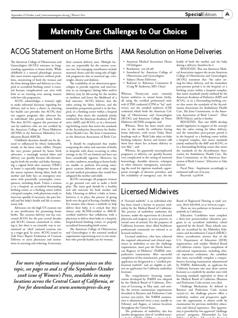 Maternity Care: Challenges To Our Choices: ACOG Statement On Home ...