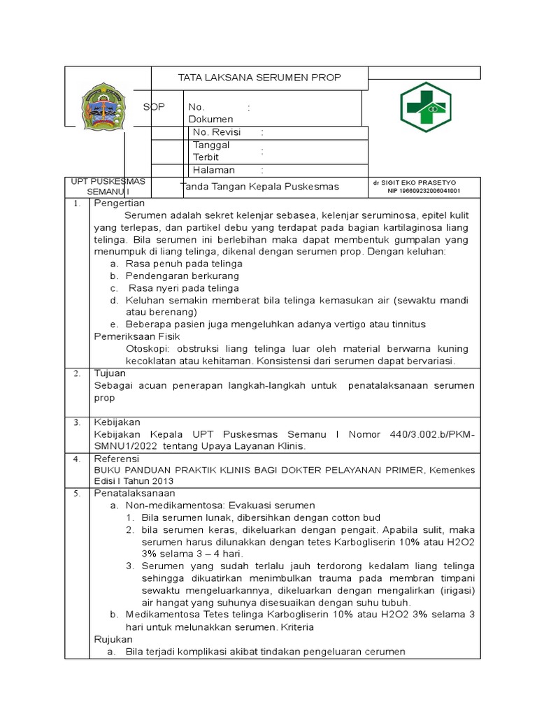 Sop Penatalaksanaan Serumen Prop | PDF