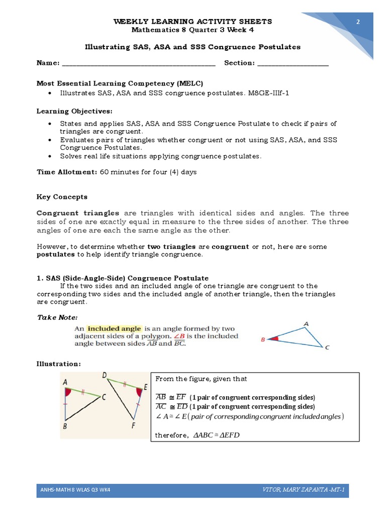 Weekly Learning Activity Sheets Illustrating SAS, ASA and SSS ...