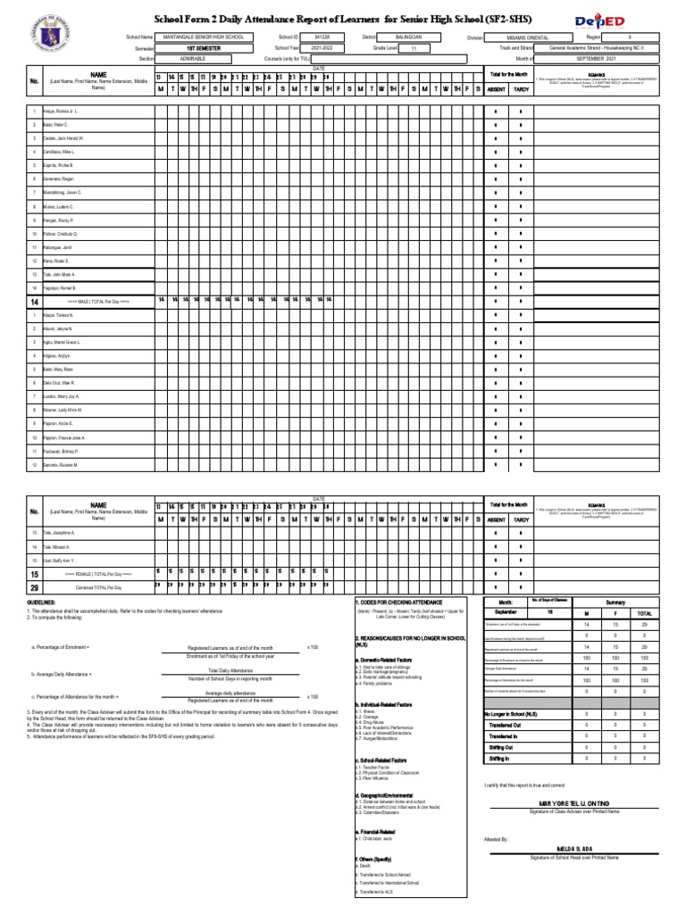 School Form 2 Daily Attendance Report of Learners For Senior High ...