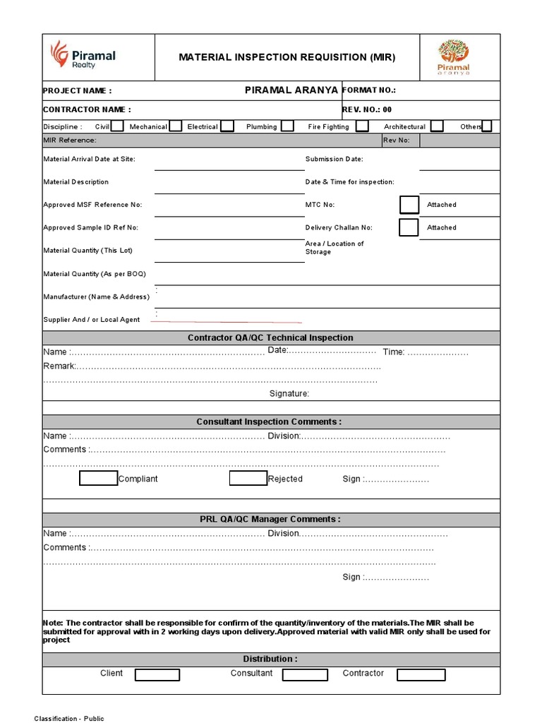 7.7A. MIR - Material Reciept Inspection Request | PDF