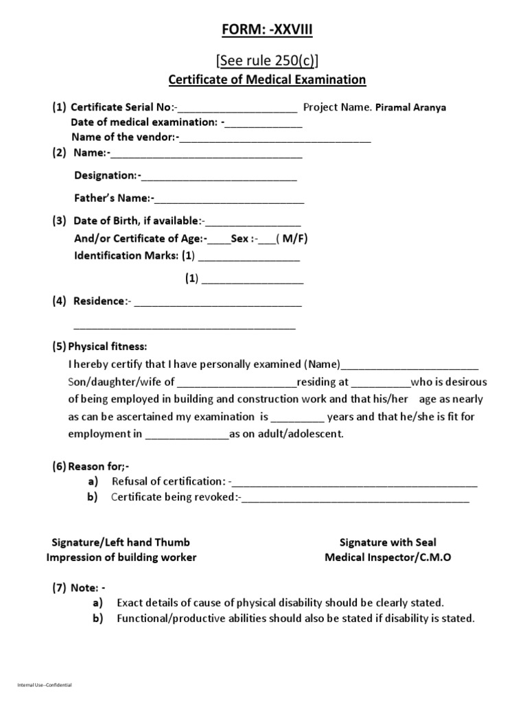 Form: - Xxviii (See Rule 250 (C) ) : Certificate of Medical Examination ...