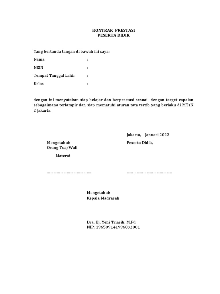 Form Kontrak Prestasi | PDF | Karier & Perkembangan