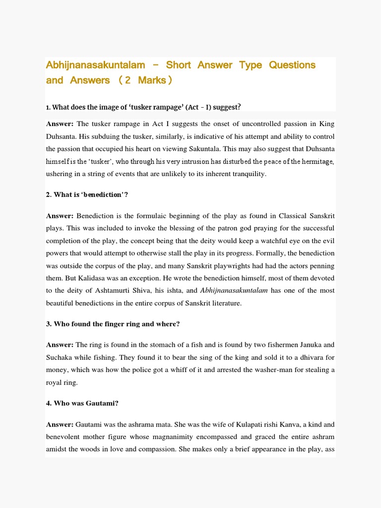 Abhijnanasakuntalam - Short Answer Type Questions and Answers (2 Marks ...