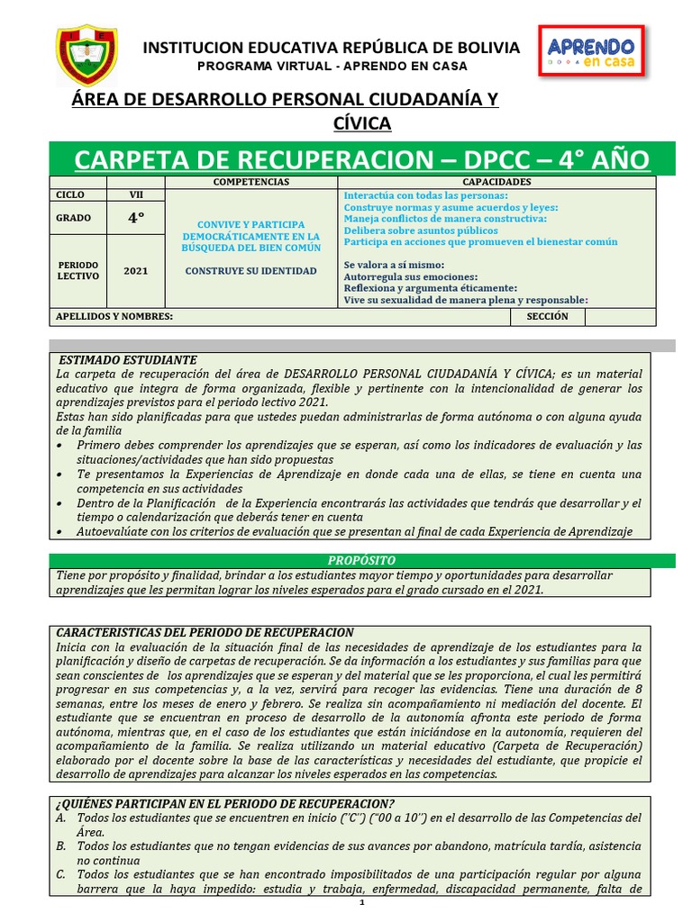 Carpeta de Recuperacion - DPCC - 4to Año | PDF | Discriminación | Las emociones