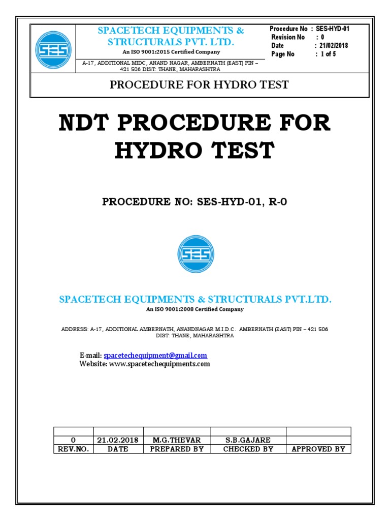 Hydro Test Procedure for Pressure Vessels | PDF | Pressure Measurement ...
