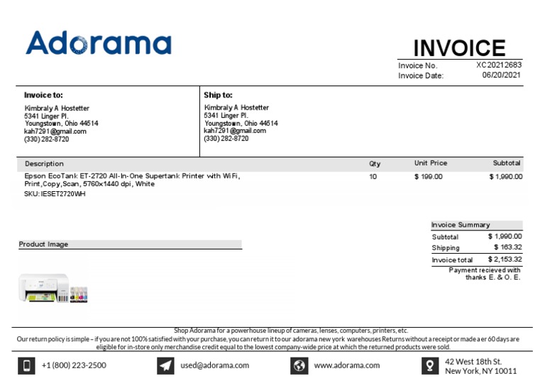 Kimbraly A Hostetter Invoice XC20212683 | PDF | Office Equipment