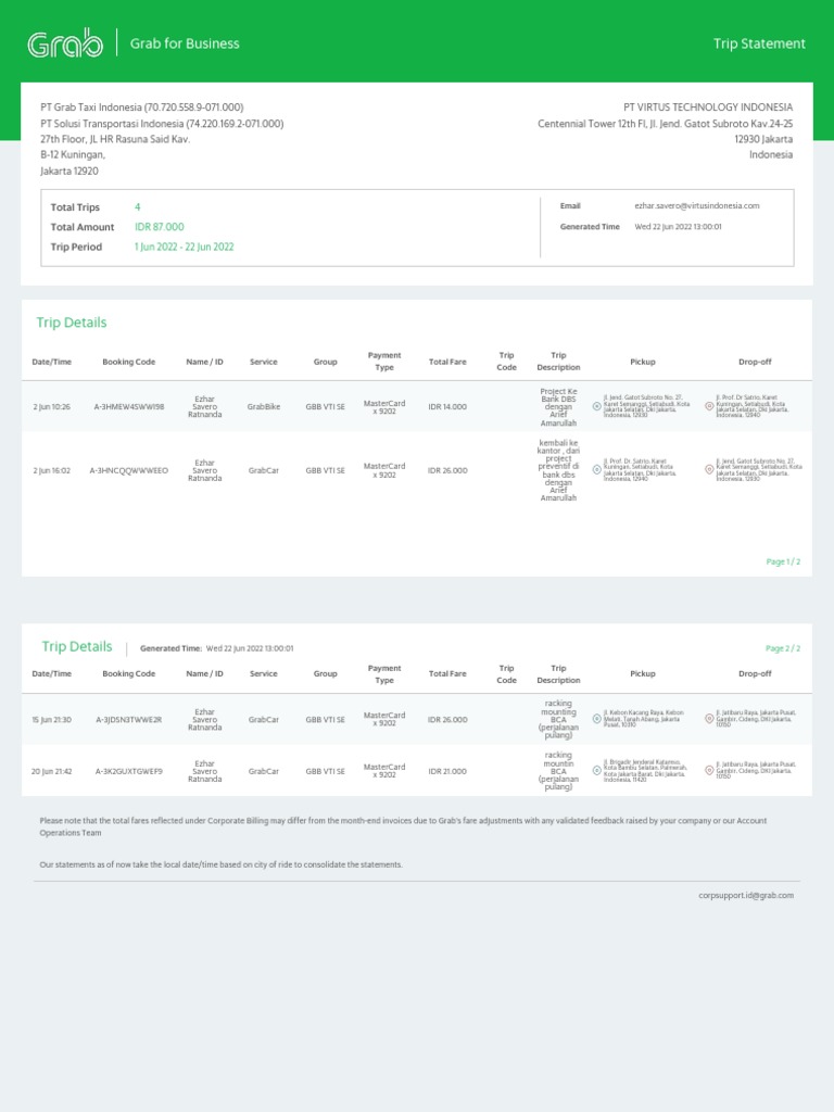 Grab For Business Trip Statement | PDF