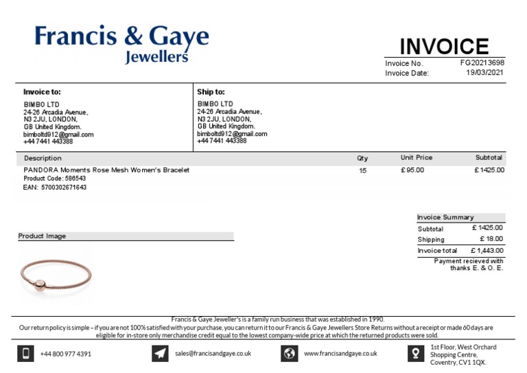 Invoice for 15 Pandora bracelets | PDF | Marketing | Service Industries