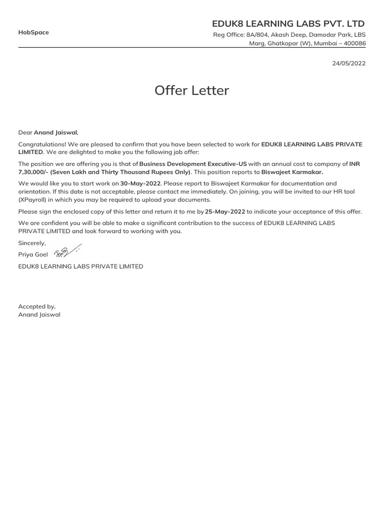 HobSpace - Anand Jaiswal - Offer Letter | PDF | Employment | Taxes