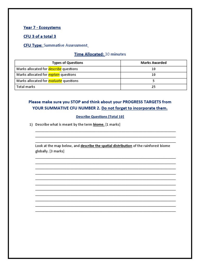Year 7 Assessment For Ecosystems | PDF | Ecosystem | Cognition