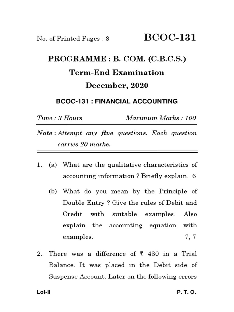 P.Y Question Paper BCOC-131 | PDF | Debits And Credits | Financial Services