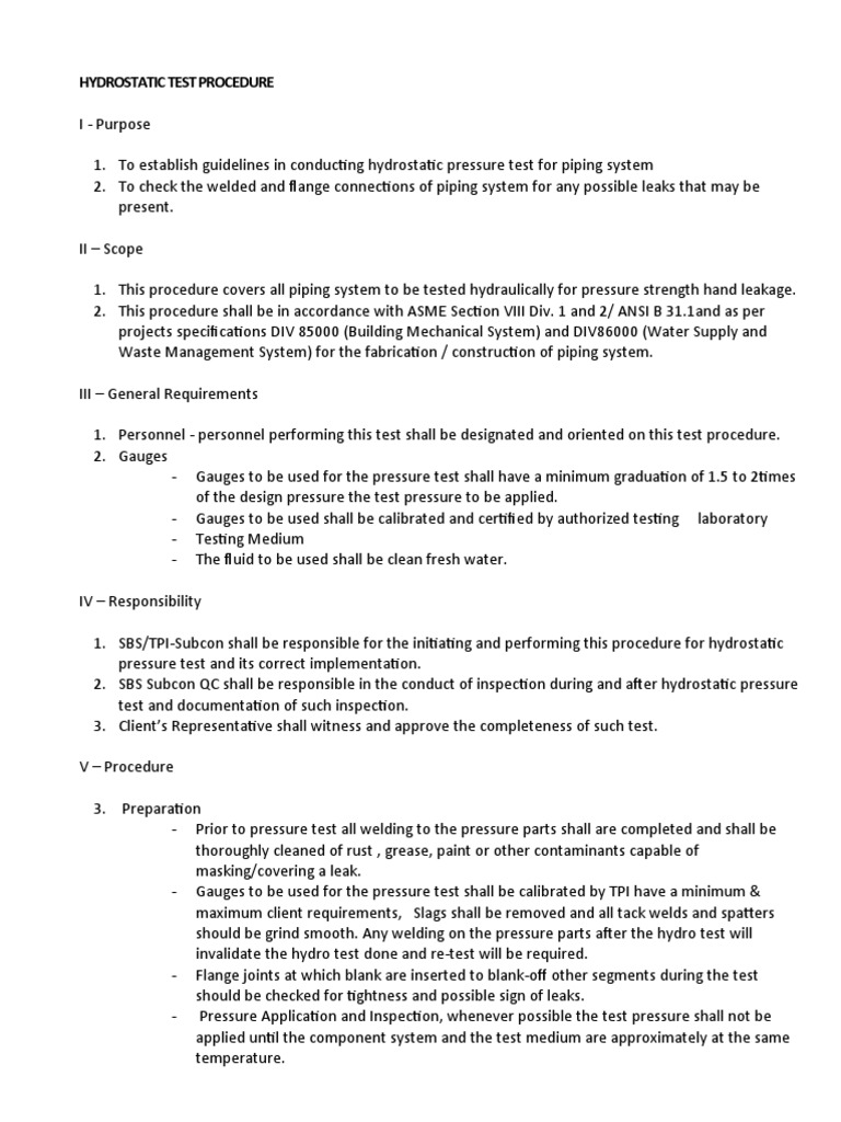 Hydrostatic Test Procedure | PDF | Leak | Pressure