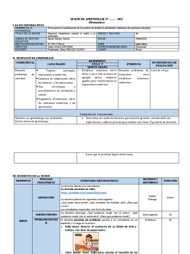 SESIÓN MATEMATICA 2do Hacemos Mediciones Usando El Metro y El ...