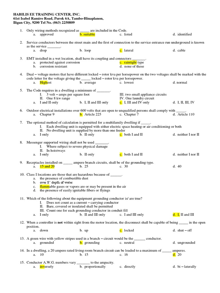Electrical Code Training Quiz | PDF | Electrical Wiring | Transformer