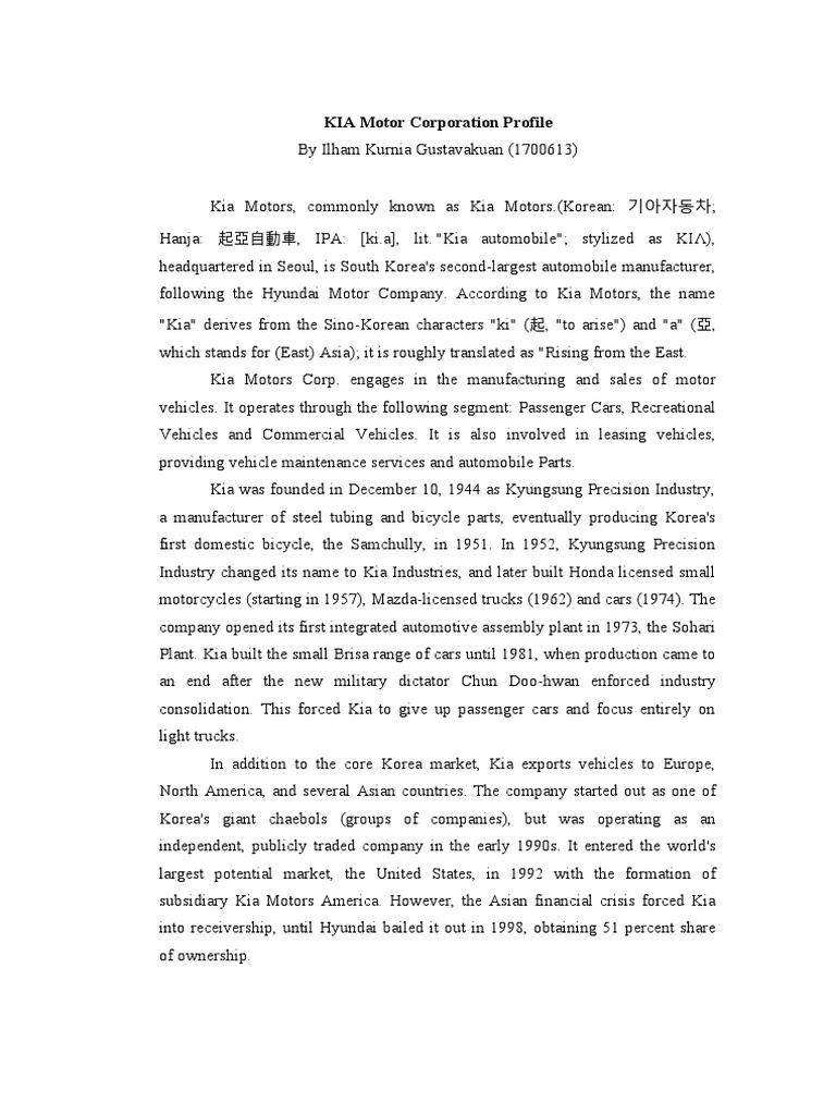 KIA Motors Corporation Profile | PDF | Motor Vehicle | Vehicle Industry