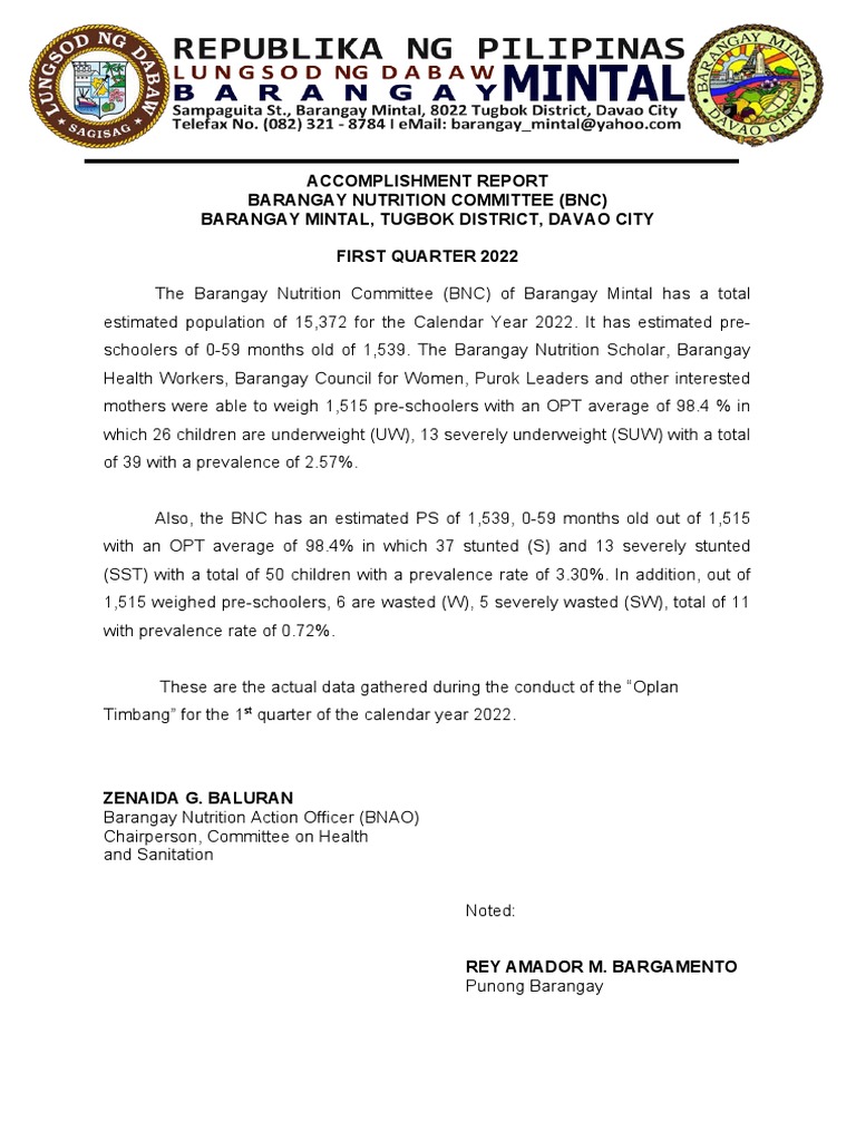 Accomplishment Report 1ST Quarter 2022 | PDF
