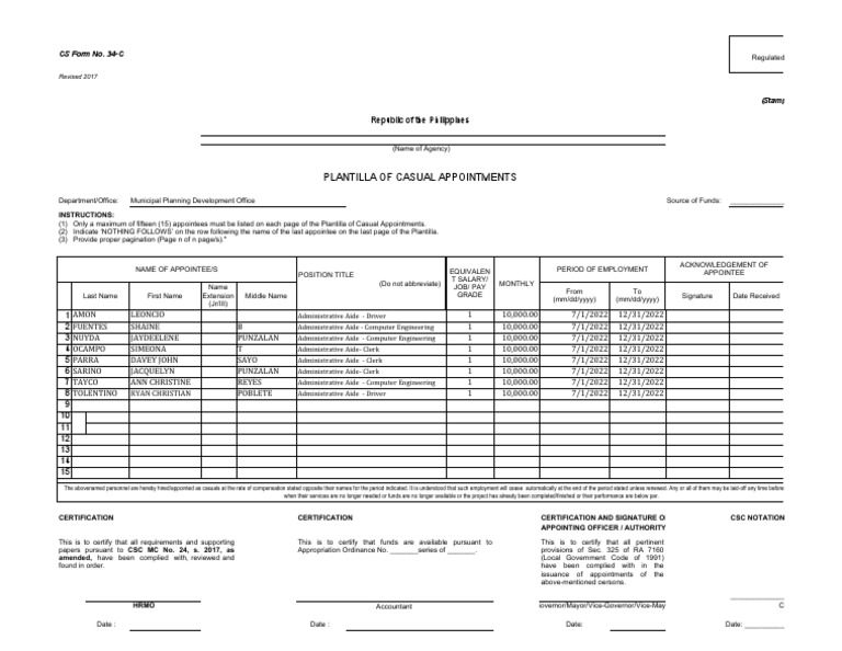 CS Form No. 34-C Plantilla of Casual Appointment - LGU Regulated | PDF ...