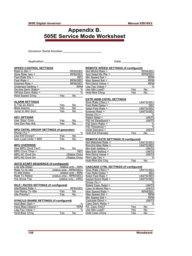 Appendix B. 505E Service Mode Worksheet: Governor Serial Number | PDF | Computing | Computer Data