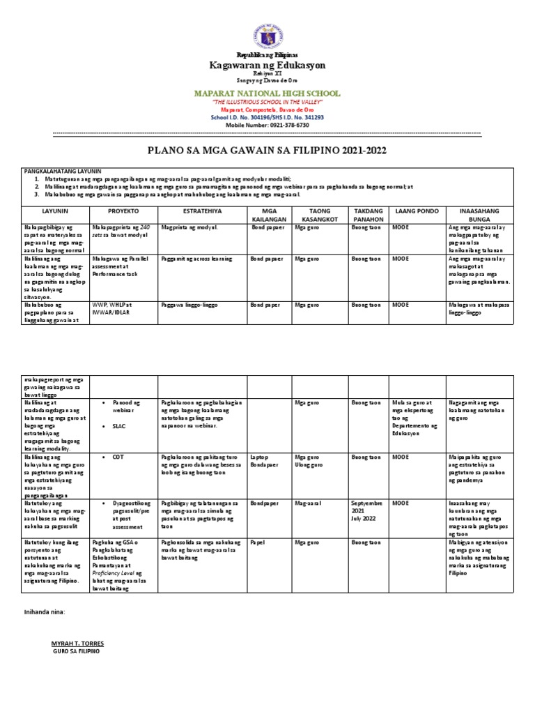Action Plan Sa Filipino 2021 2022 | PDF