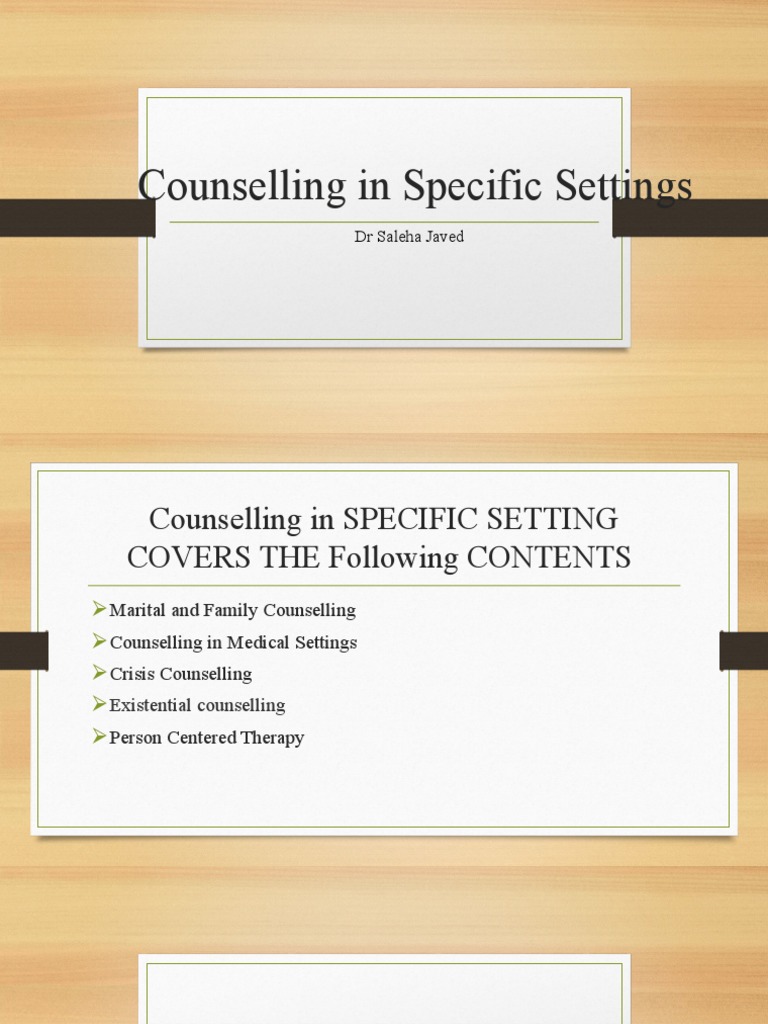 Counselling in Specific Settings | PDF | Psychotherapy | Psychology