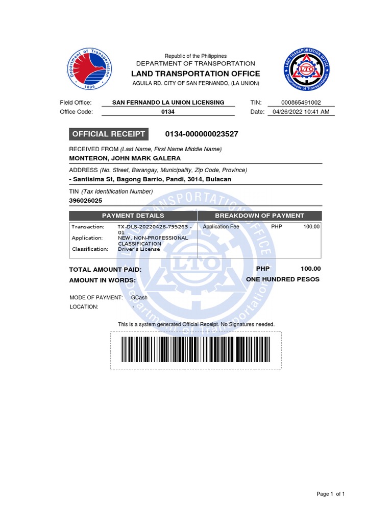 Official Receipt: Land Transportation Office | PDF