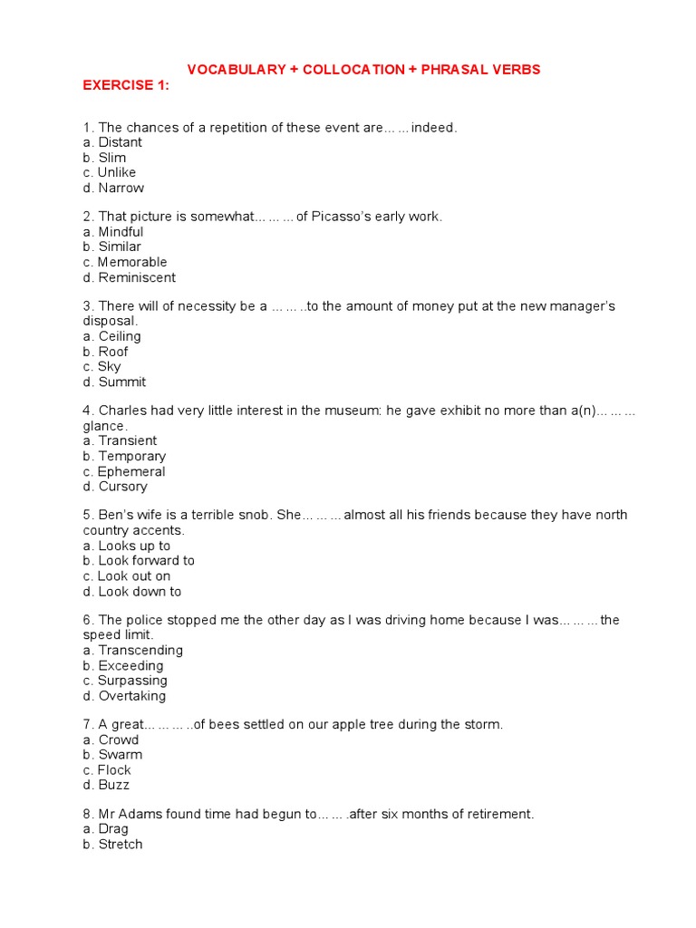 Vocabulary + Collocation + Phrasal Verbs Exercise 1 | PDF | Airport ...