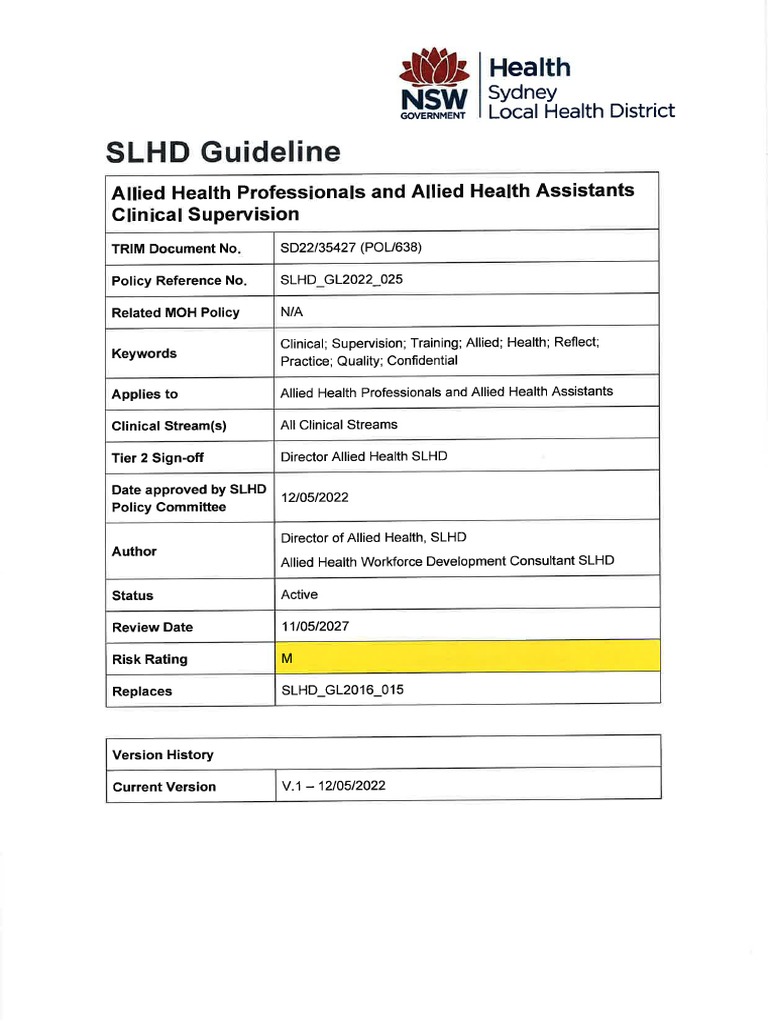 SLHD Allied Health and Assistants Clinical Supervision Guideline | PDF