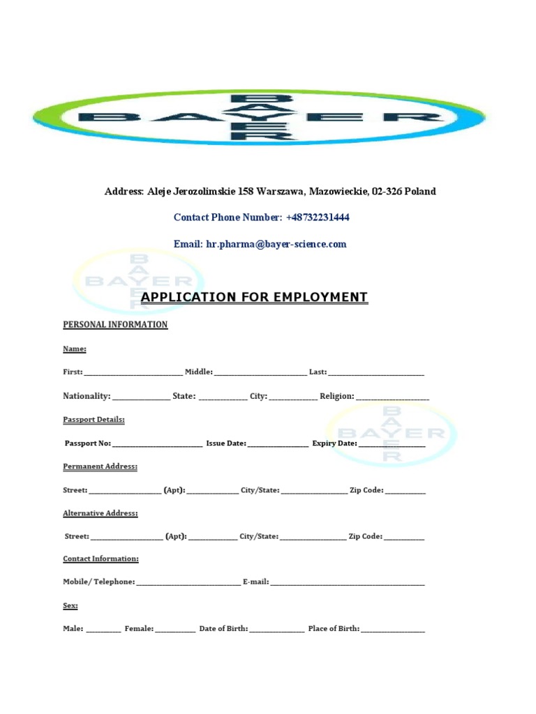 Bayer Pharma Job Application | PDF