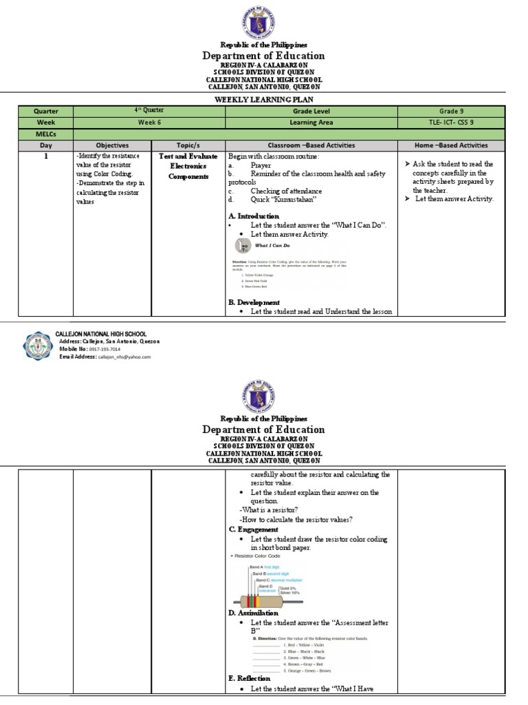 WEEKLY LEARNING PLAN TLE CSS ICT 9 4th | PDF | Educational Technology ...