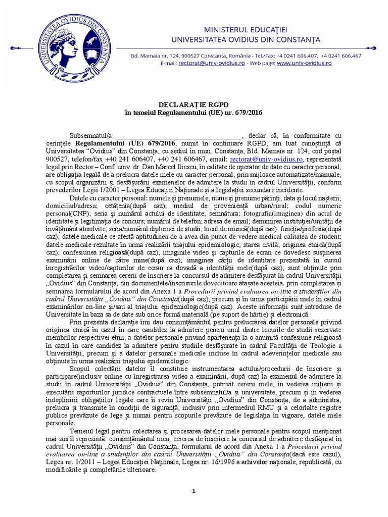 Anexa 4 - Declaratie RGPD Admitere 2022 | PDF