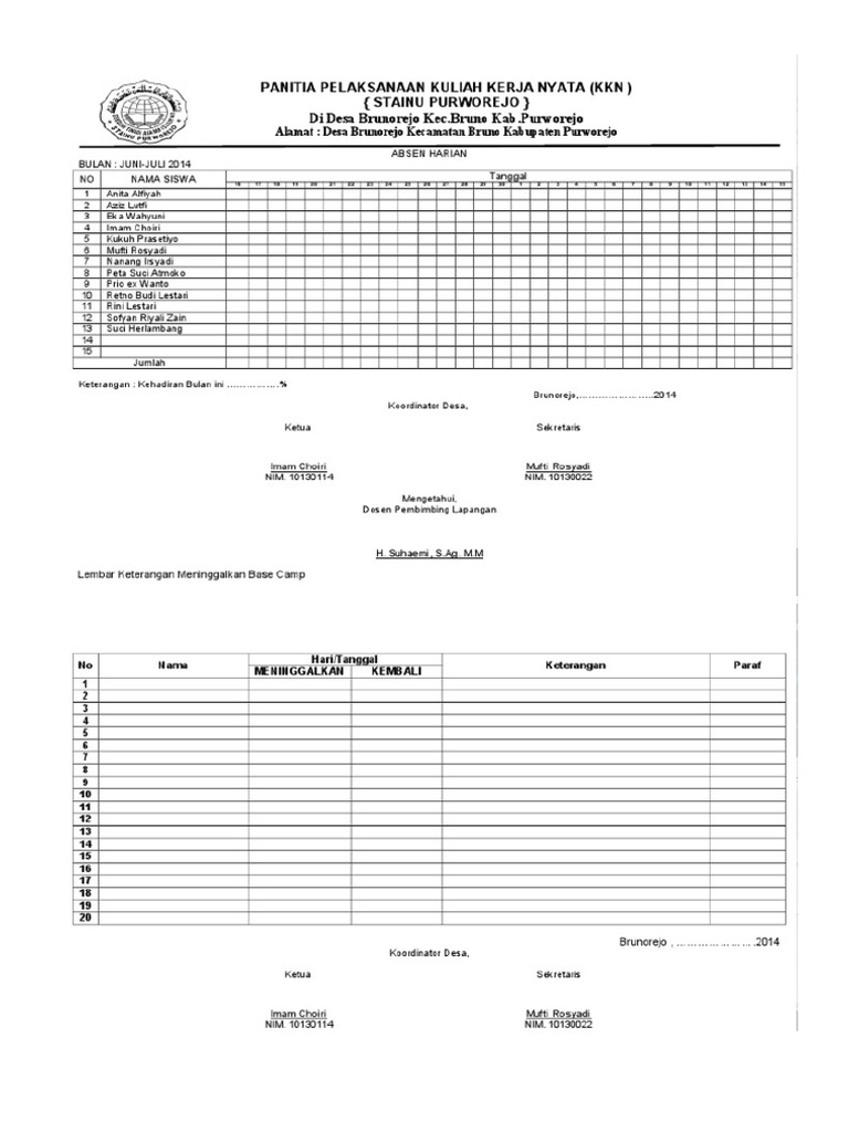 Contoh Absen Harian KKN - Penelusuran Google | PDF