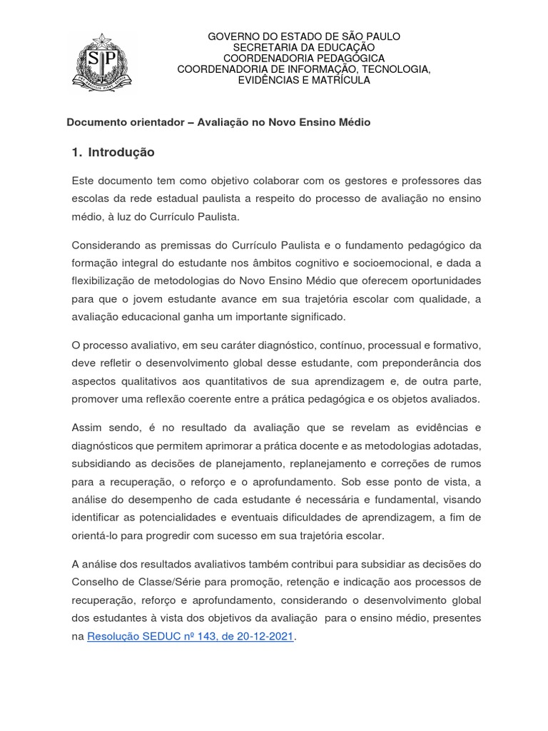 Anexo III - Documento Orientador Avaliação No Novo Ensino Médio | PDF ...
