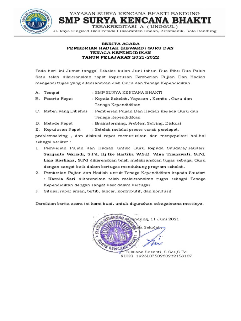 Berita Acara Pemberian Hadiah (Reward) Guru Dan Tenaga Kependidikan ...