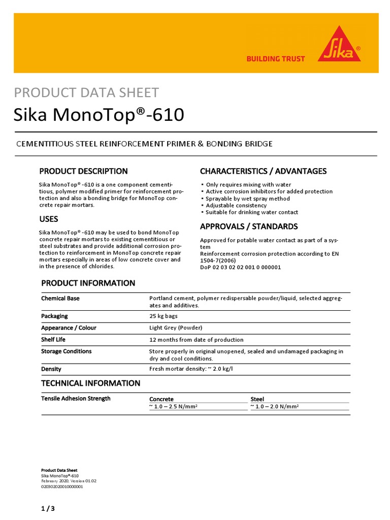 Sika Monotop®-610: Product Data Sheet | PDF | Concrete | Cement