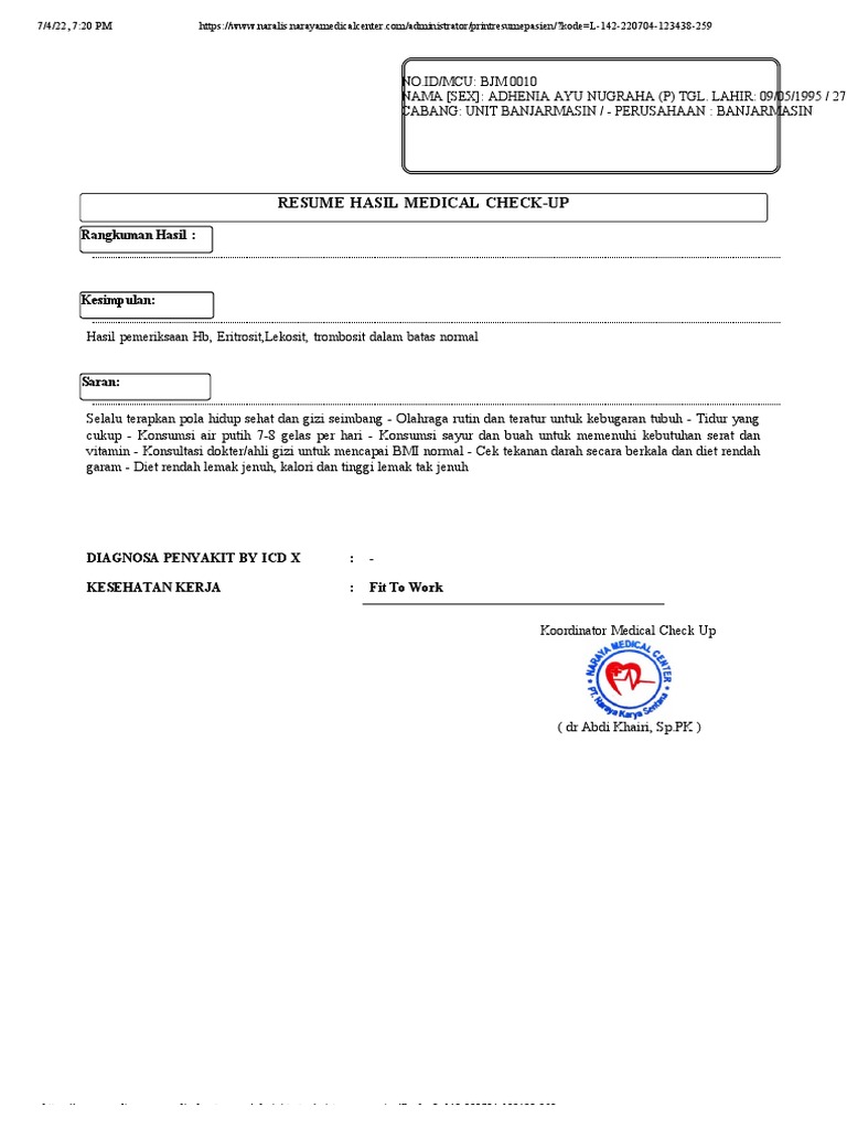 Resume Hasil Medical Check-Up | PDF