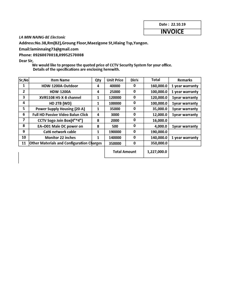 Invoice: Address:No.38, RM (B2), Groung Floor, Maezigone ST, Hlaing TSP, Yangon. Phone ...