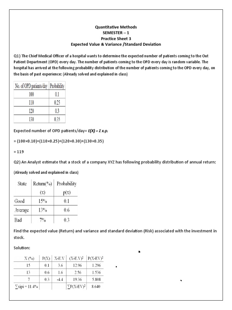 Practice Sheet 3 Expected Value Variance Standard Deviation 6514