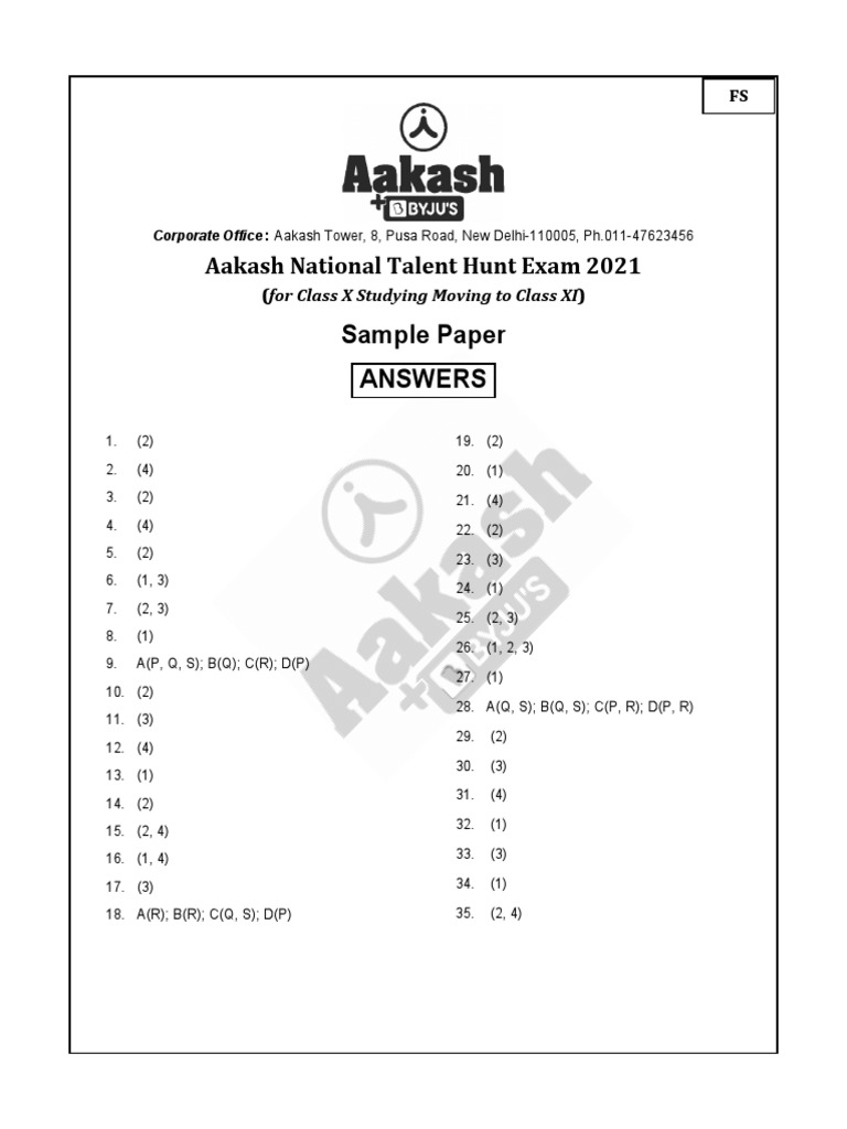 Aakash National Talent Hunt Exam 2021: Sample Paper Answers | PDF ...