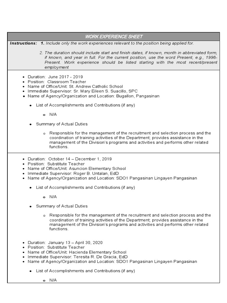 CS Form No. 212 Attachment Work Experience Sheet | PDF | Teachers | Labor